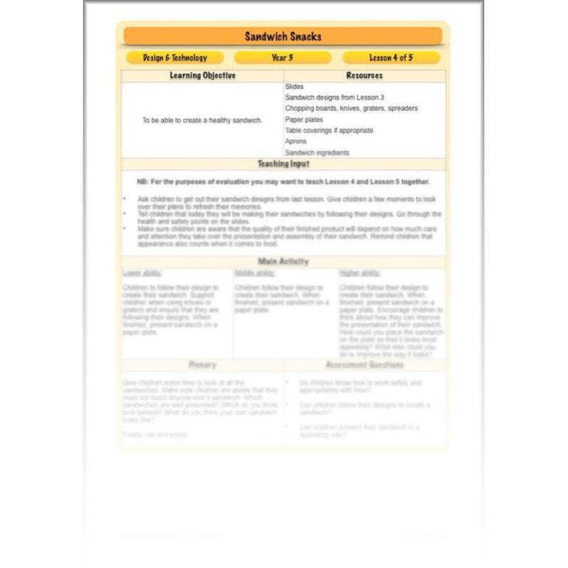 Sandwich Snacks Year 3 DT Lesson Planning Pack — PlanBee