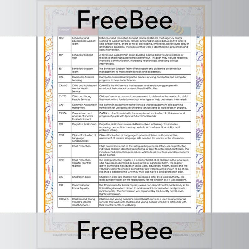 Free downloadable guide to SEN Acronyms by PlanBee