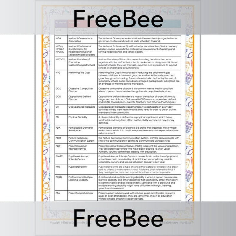 Free downloadable guide to SEN Acronyms by PlanBee