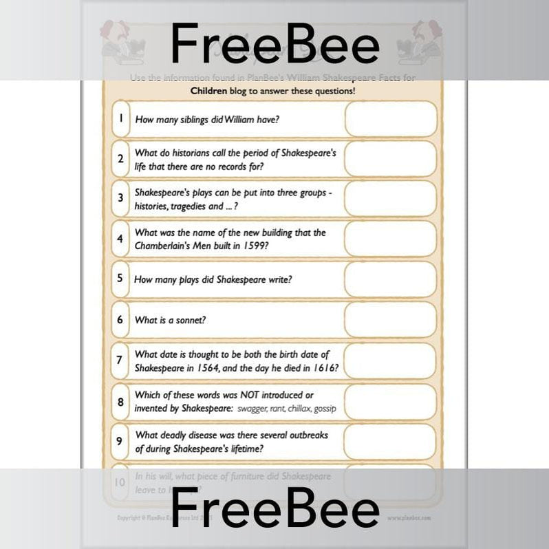 Free Downloadable William Shakespeare Quiz by PlanBee