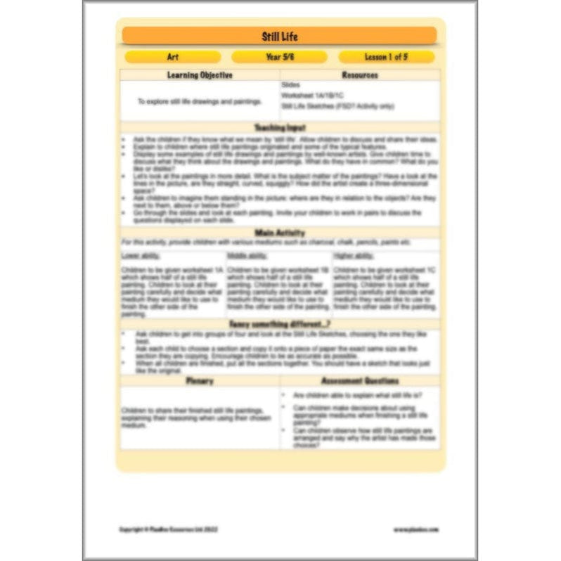 Still Life KS2 Art Downloadable Lesson Pack by PlanBee