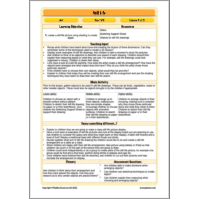 Still Life KS2 Art Downloadable Lesson Pack by PlanBee