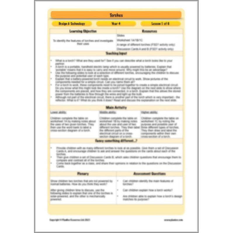 Torches KS2 Year 4 DT PDF lesson pack by PlanBee