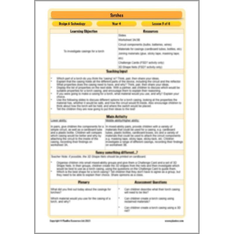 Torches KS2 Year 4 DT PDF lesson pack by PlanBee