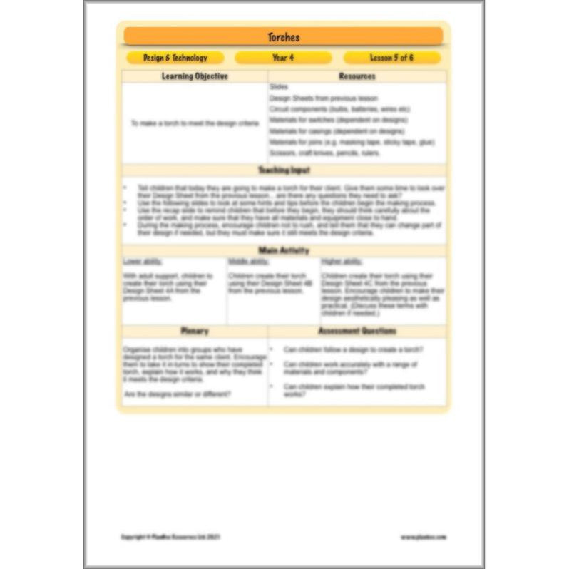 Torches KS2 Year 4 DT PDF lesson pack by PlanBee