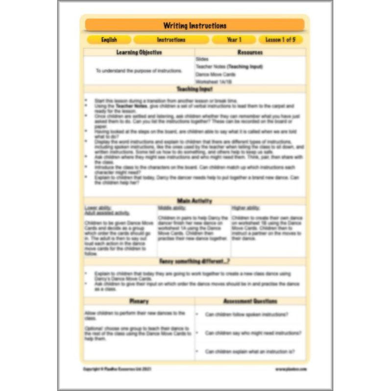 Writing Instructions Year 1 English lessons by PlanBee