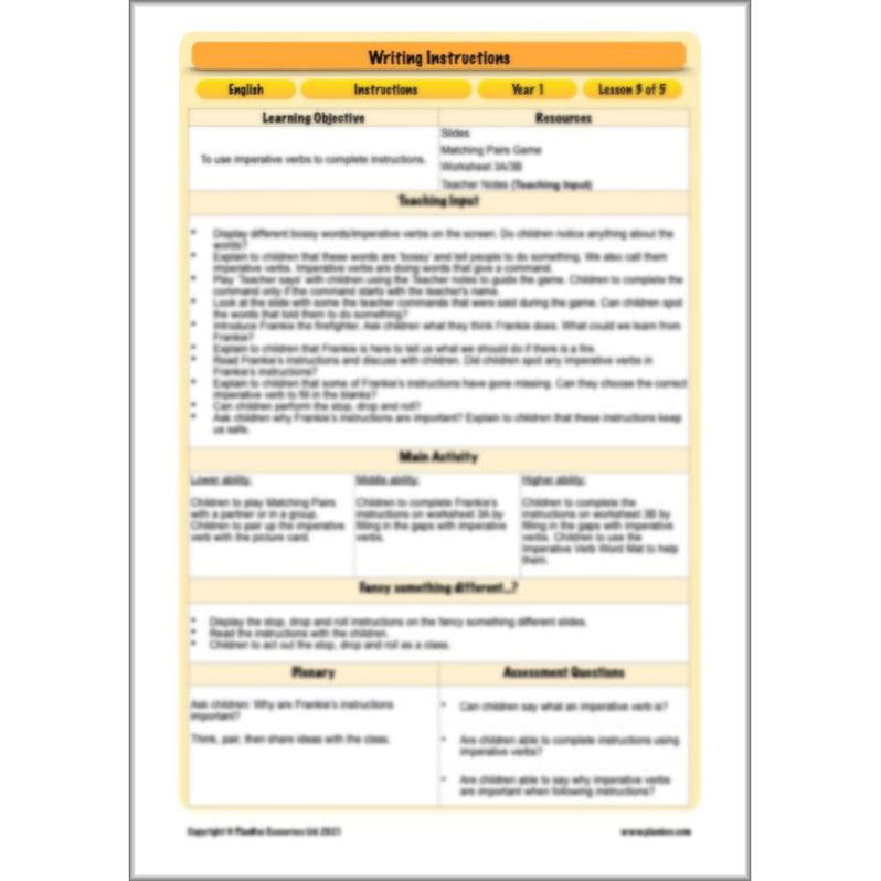Writing Instructions Year 1 English lessons by PlanBee
