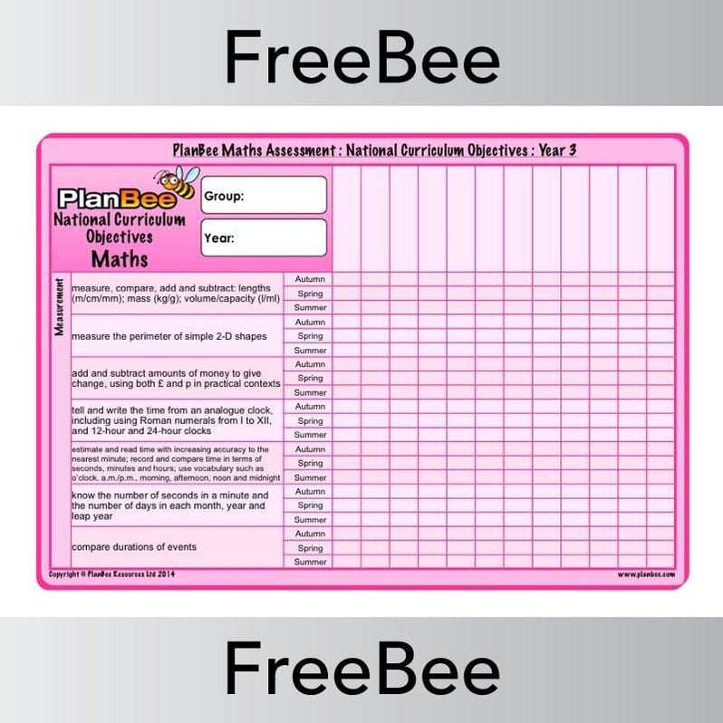 Free Year 3 Maths Objectives Assessment Grid by PlanBee